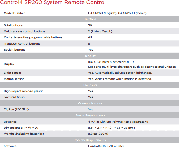 Control4 System Remote Control SR-260 - CINE-CRAFT